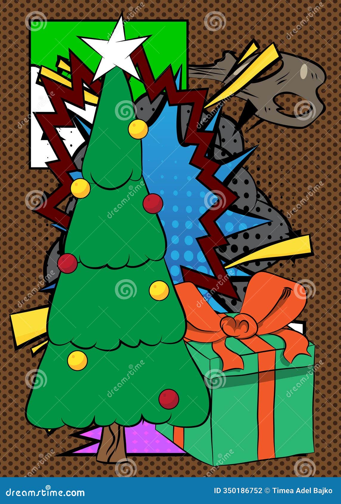 Cartoon Gift Box and Christmas Decorated Pine Tree, Comic Book ...