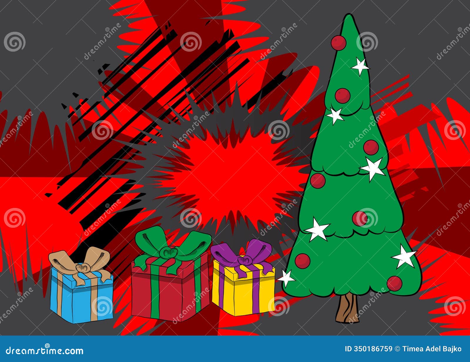 Cartoon Gift Box and Christmas Decorated Pine Tree, Comic Book ...