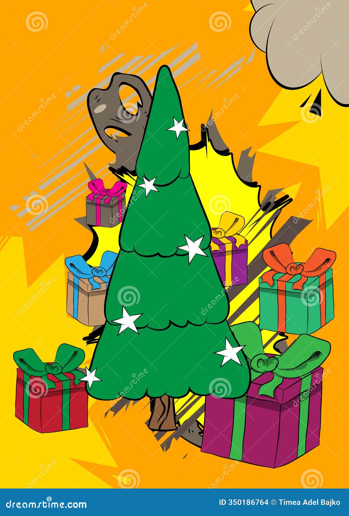 Cartoon Gift Box and Christmas Decorated Pine Tree, Comic Book ...