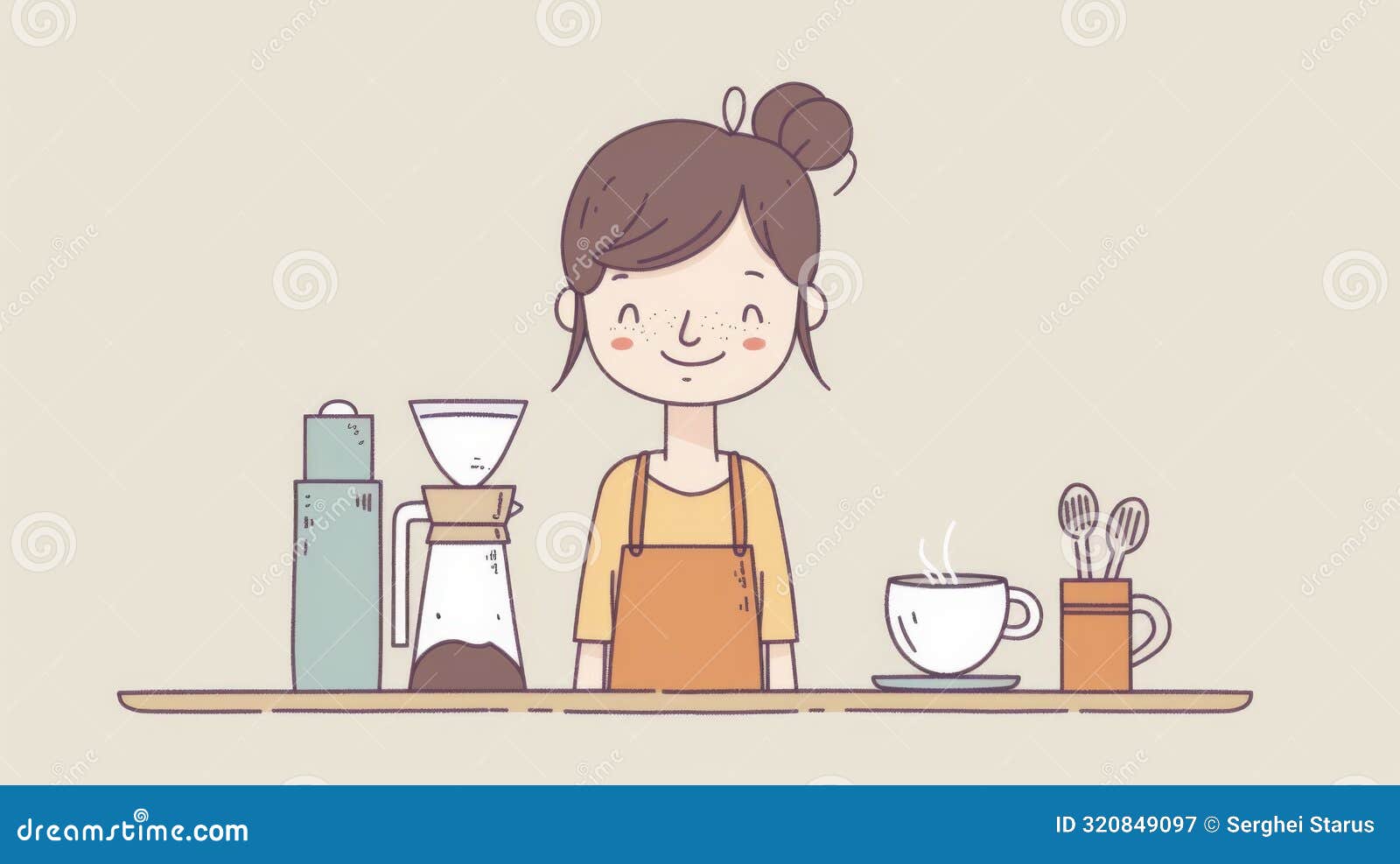 A Cartoon Girl with Apron and Coffee Cup on Table, AI Stock ...