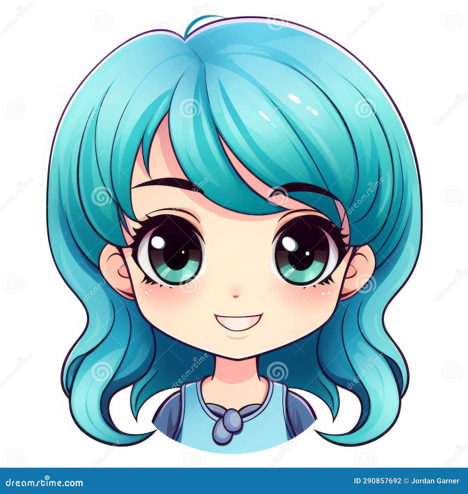 A Cartoon Girl With Blue Hair And Green Eyes Stock Illustration
