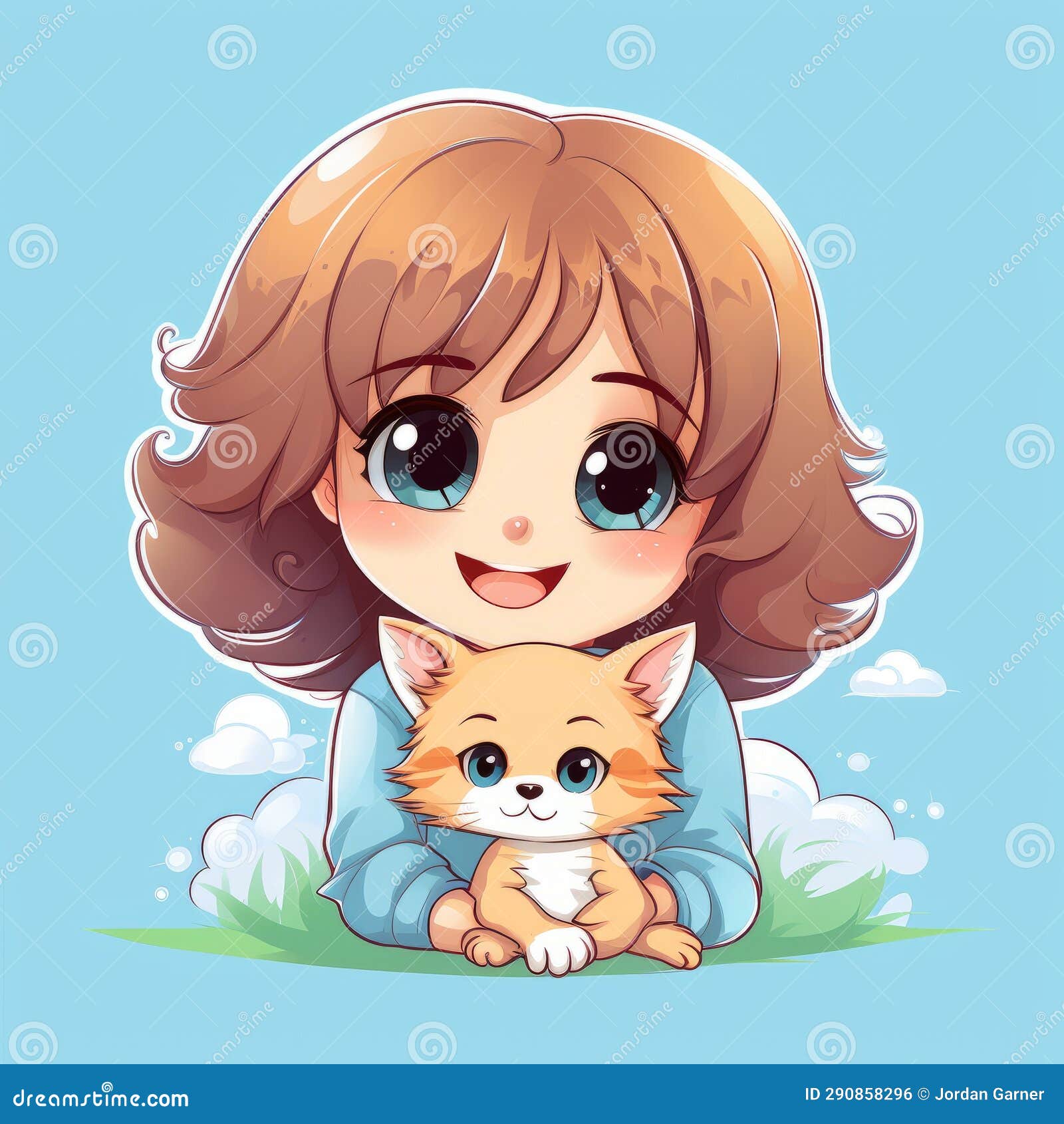 Cartoon Girl with Cat on Blue Background Stock Illustration ...