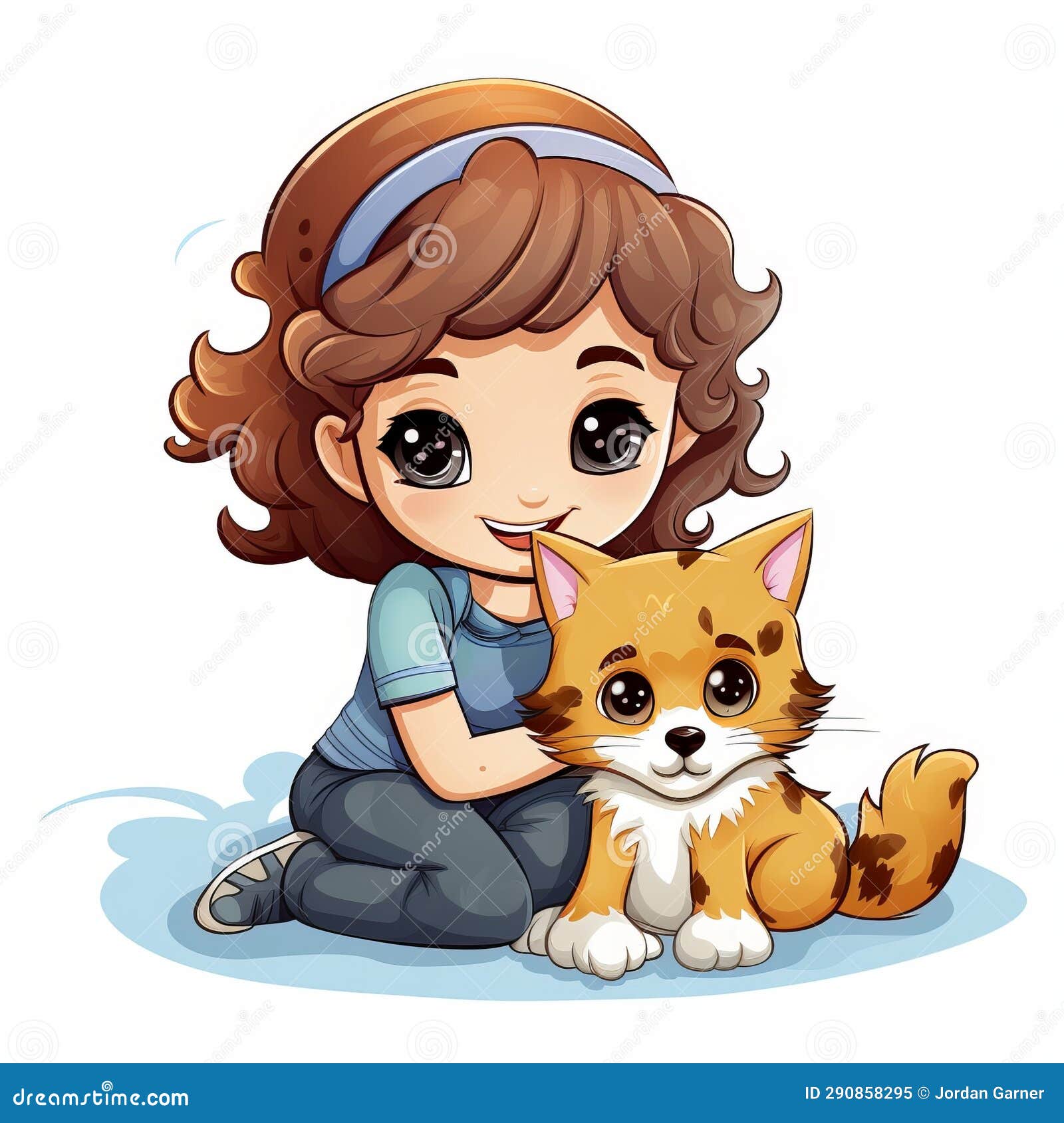 Cartoon Girl with Cat on White Background Stock Illustration ...
