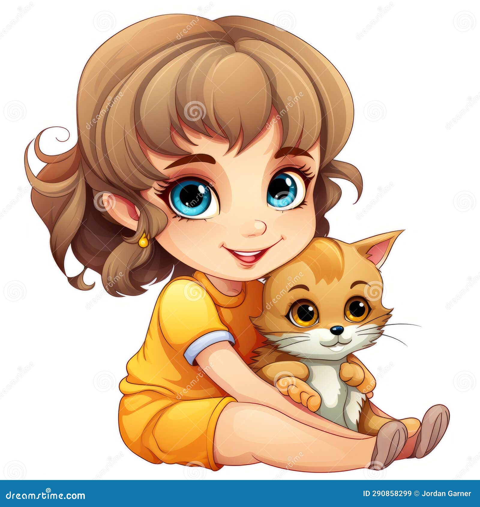 Cartoon Girl with Cat on White Background Stock Illustration ...