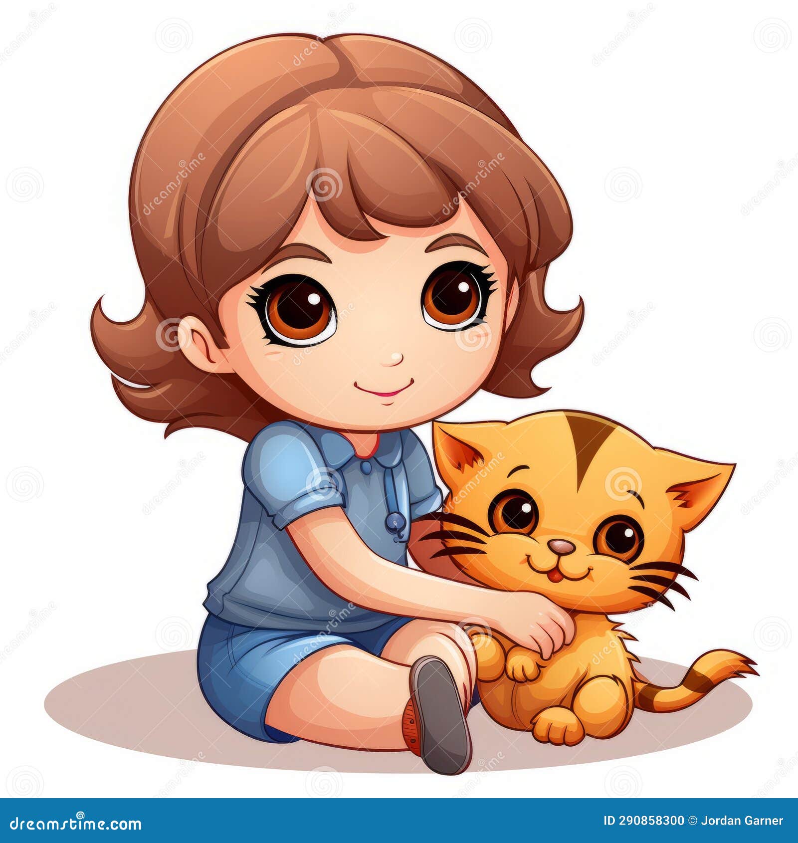 Cartoon Girl with Cat on White Background Stock Illustration ...