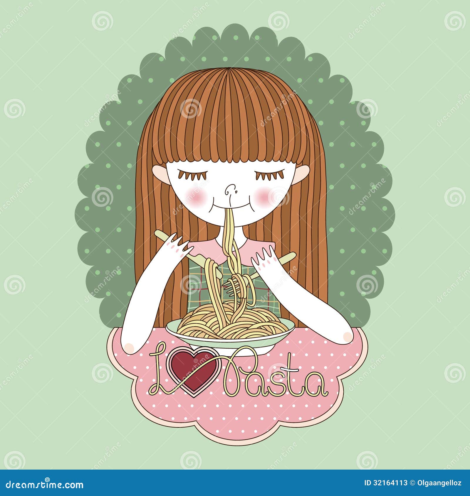 Cartoon girl eating pasta stock vector. Illustration of baby - 32164113