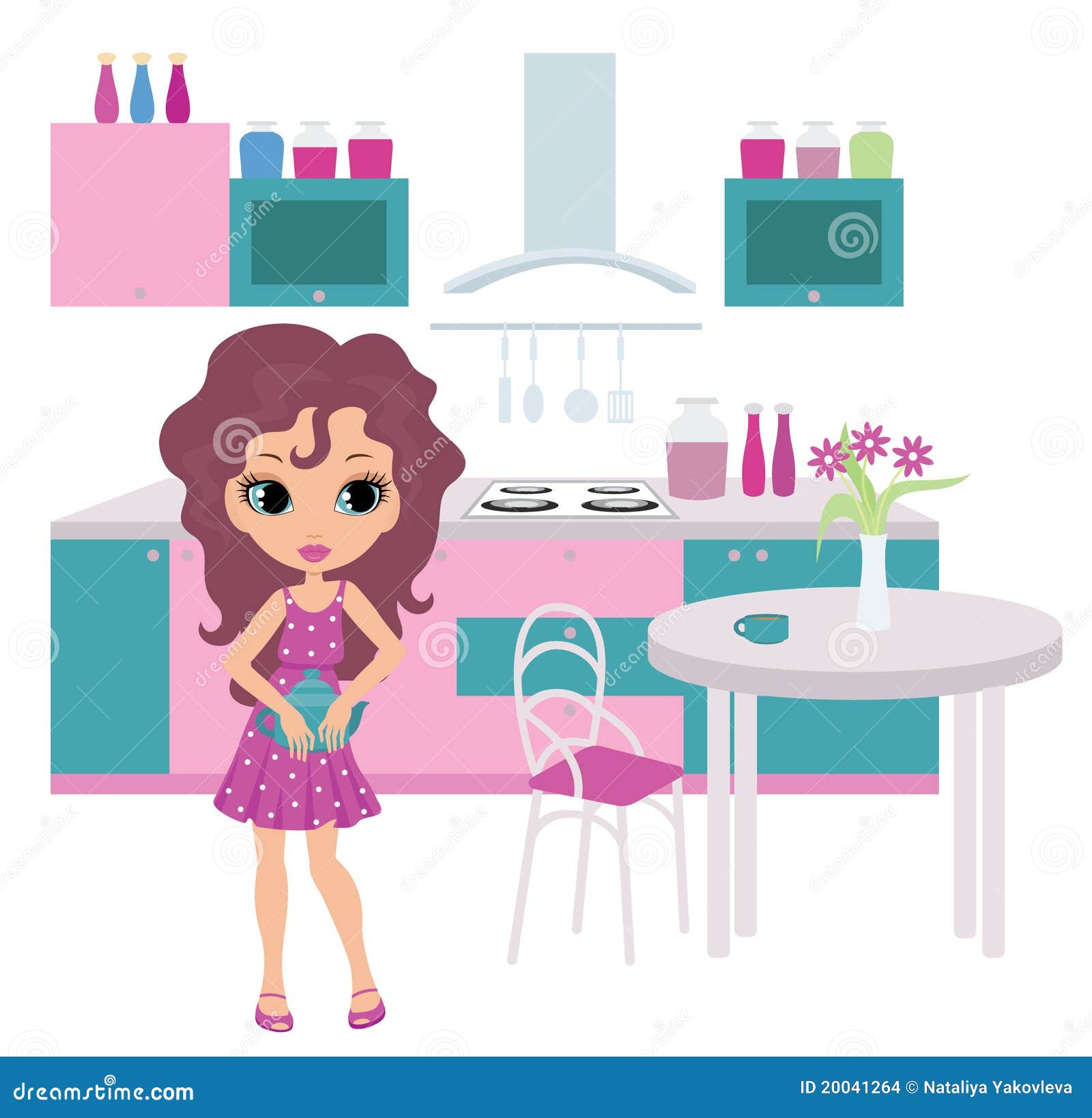 Cartoon Girl on Kitchen Bears a Teapot Stock Vector - Illustration of ...