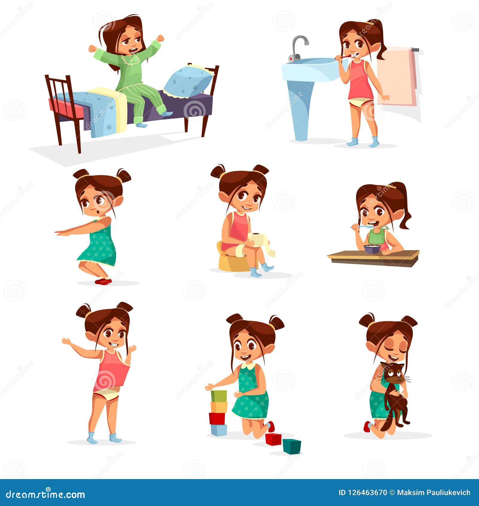 Cartoon Kid Daily Routine Activities Set Vector Illustration ... Cartoon Kid Daily Routine Activities Set Vector Illustration ...