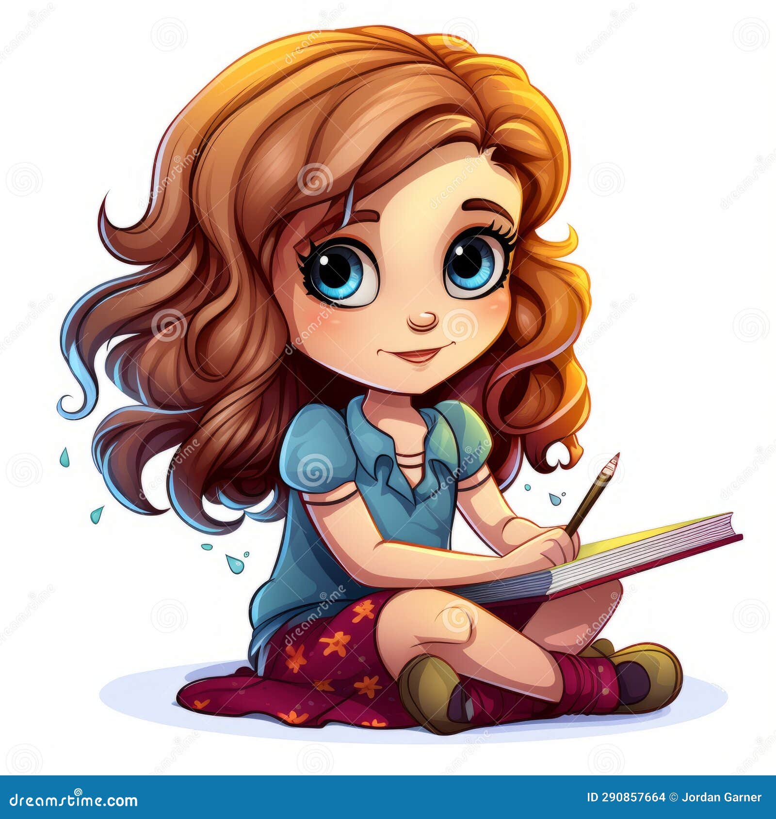 A Cartoon Girl Sitting Down and Writing with a Pen Stock Illustration ...
