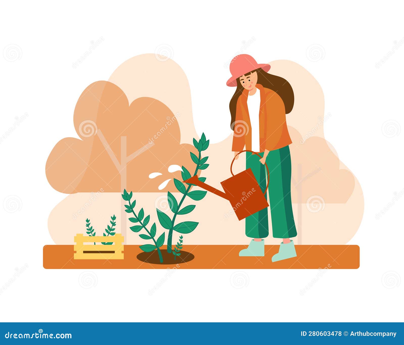 Cartoon Girl Watering Flowers From Watering Can Illustration Stock