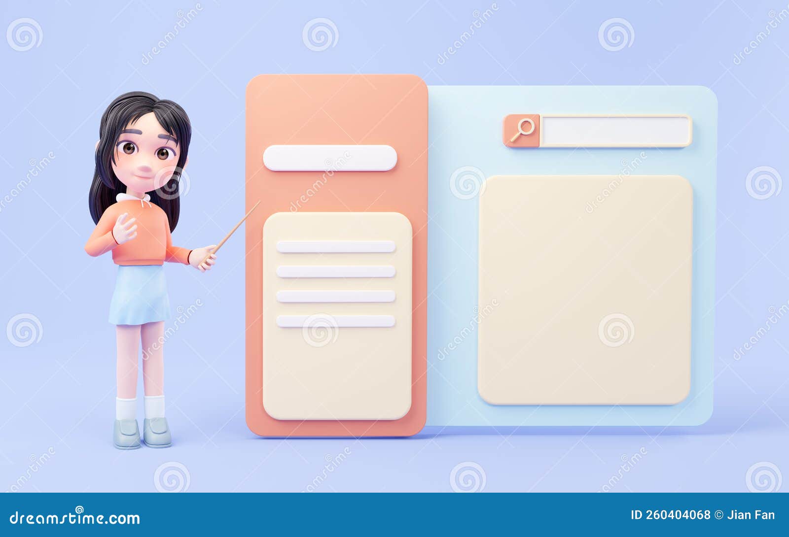 The Cartoon Girl and the Website Page, 3d Rendering Stock Illustration ...