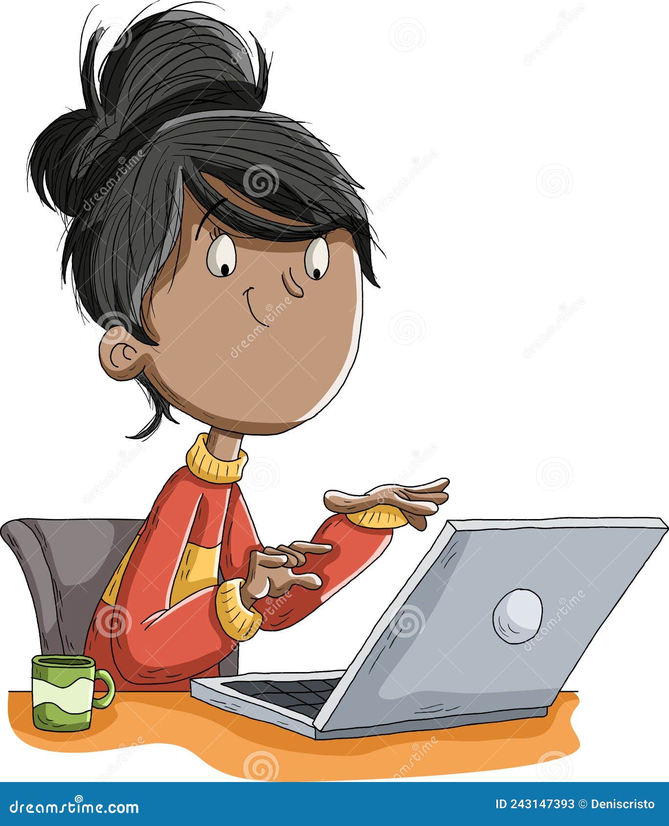 Cartoon Girl Working with Computer. Stock Vector - Illustration of ...