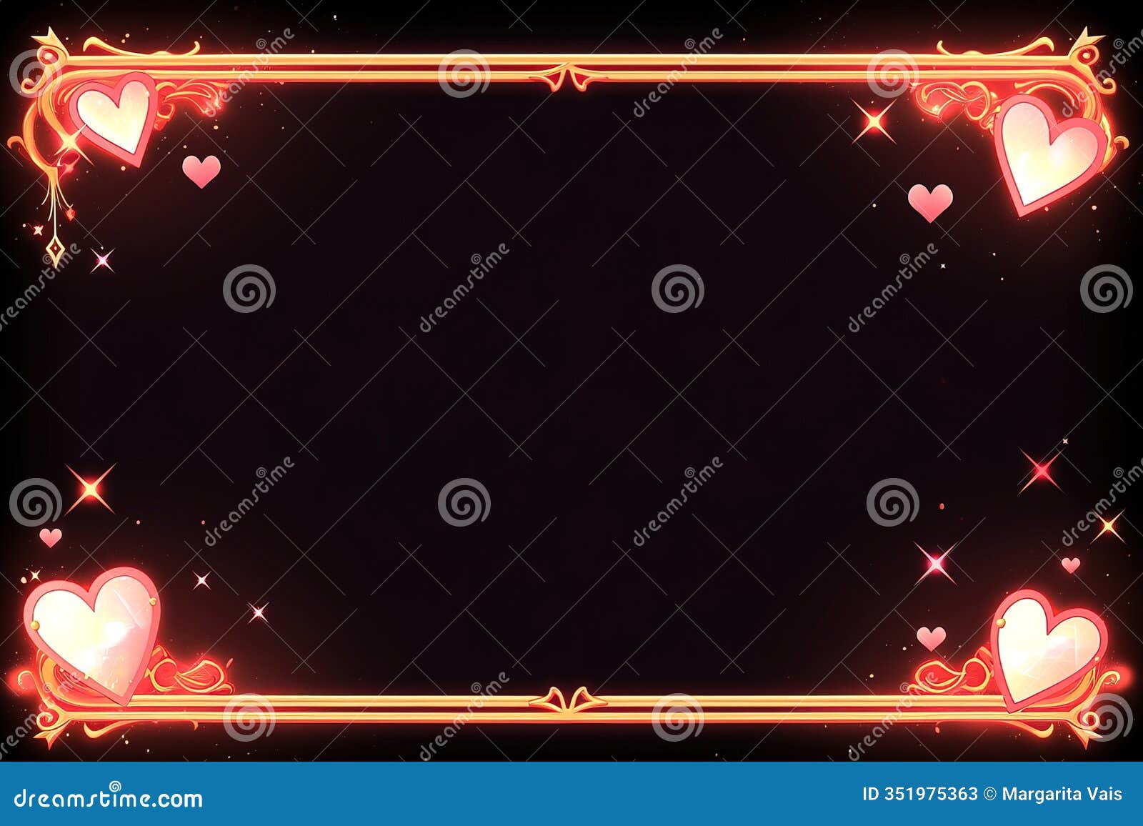 Cartoon Glowing Hearts Border Frame on Black Background with Copy Space ...