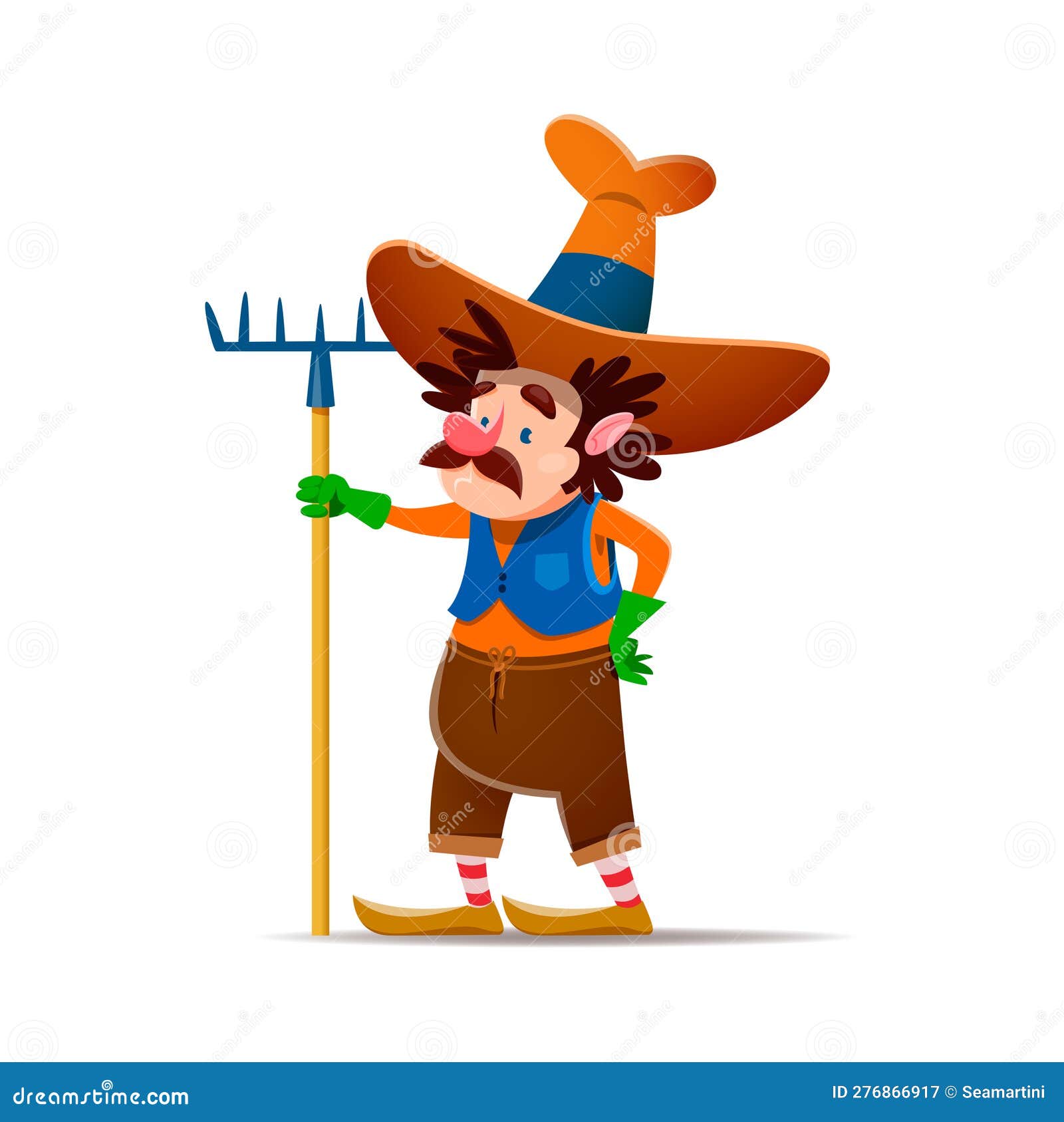Cartoon Gnome Or Dwarf Farmer Character With Rake Stock Illustration