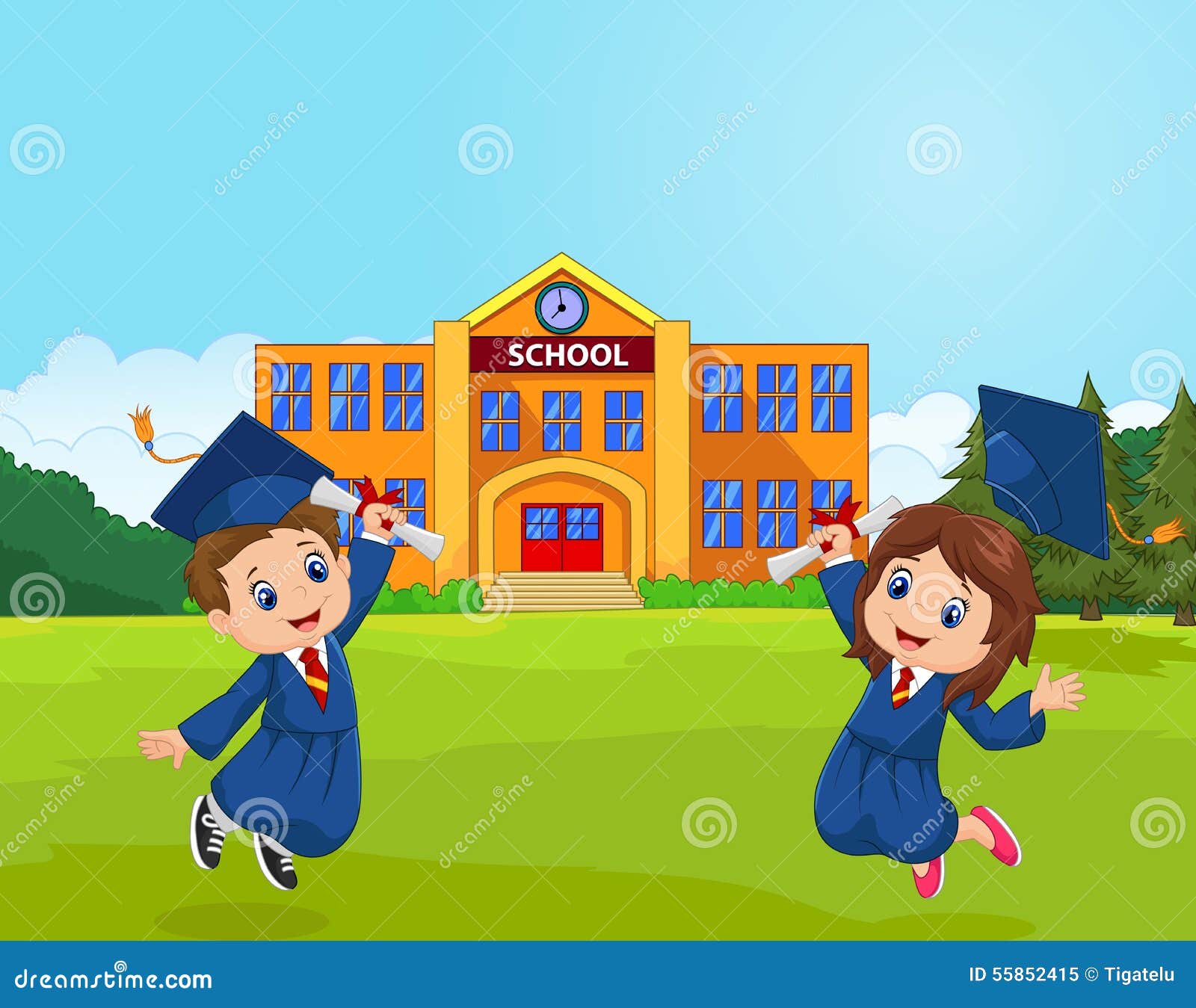 Cartoon Graduation Celebration with School Stock Vector - Illustration ...