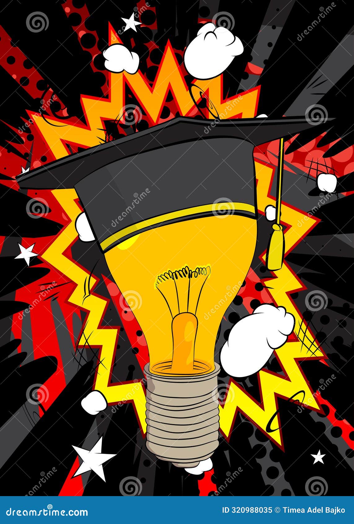 Cartoon Graduation Hat on a Light Bulb, Comic Book Education. Retro ...