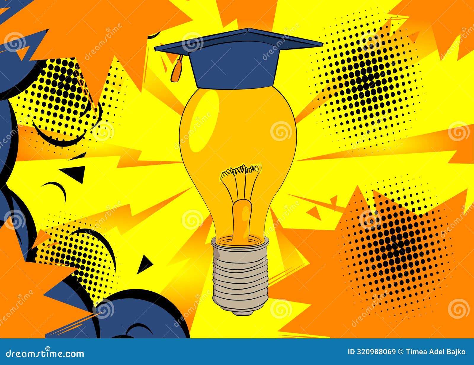 Cartoon Graduation Hat on a Light Bulb, Comic Book Education. Retro ...
