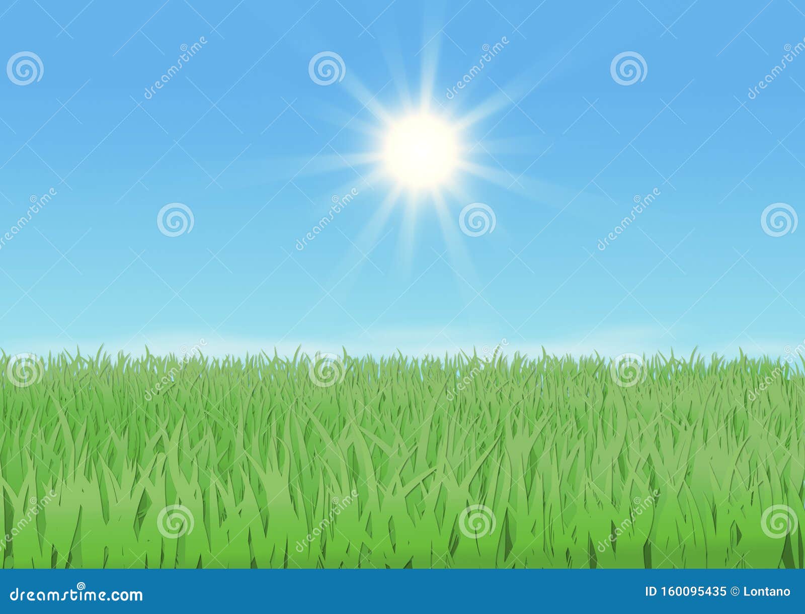 Cartoon Grass with the Sun Shining in a Blue Sky Stock Illustration ...