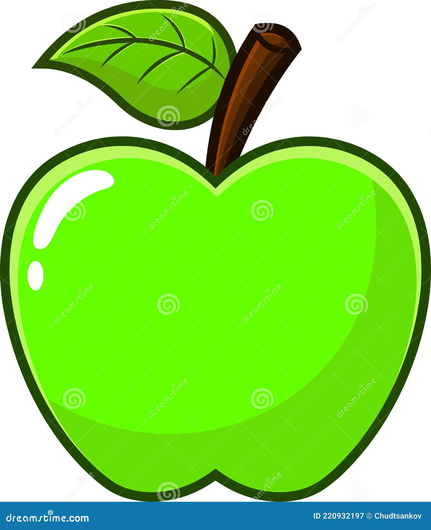 Cartoon Green Apple Fruit With A Leaf Stock Vector Illustration Of