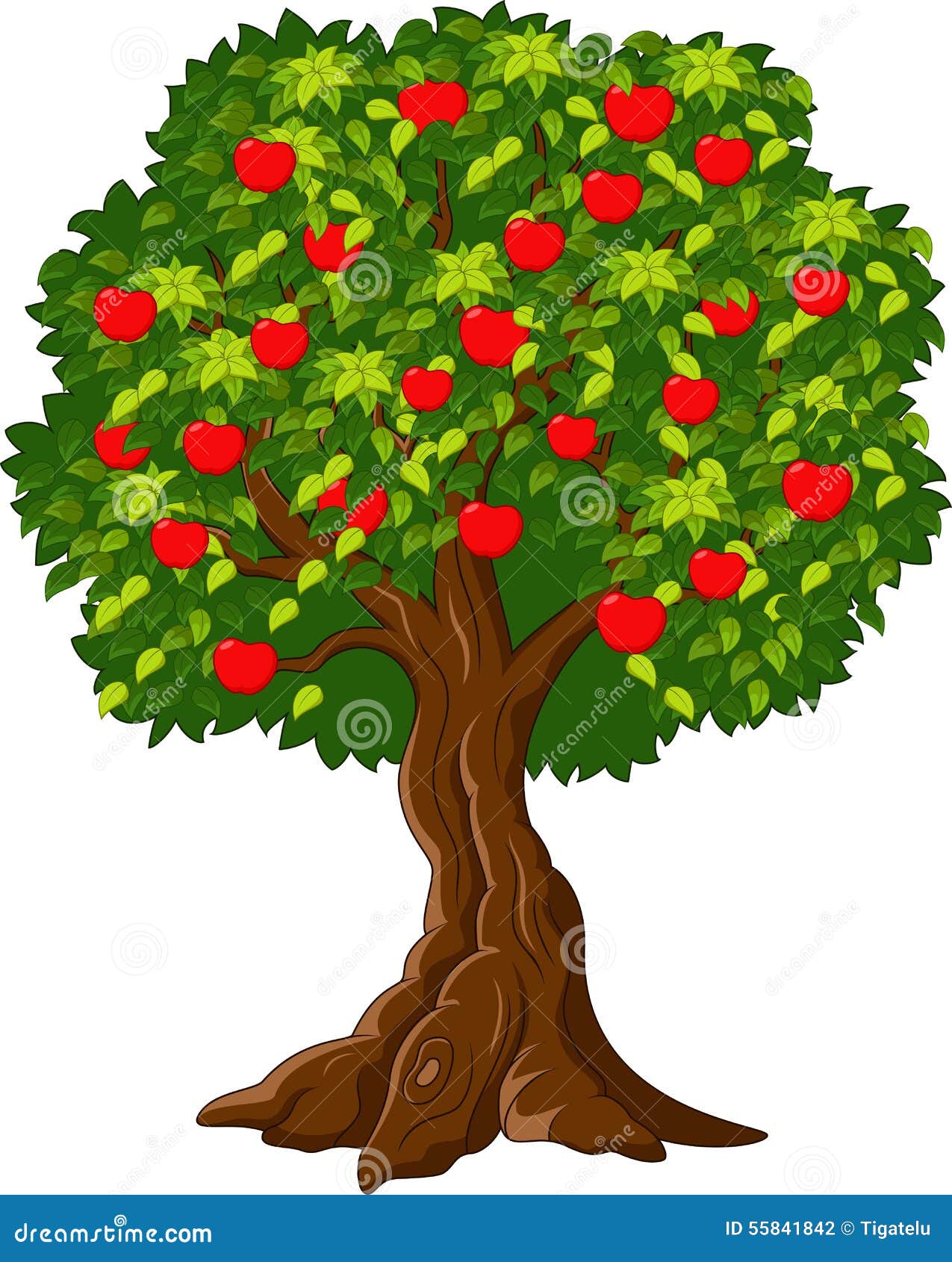 Cartoon Green Apple Tree Full Red Apples Stock Vector - Illustration of ...