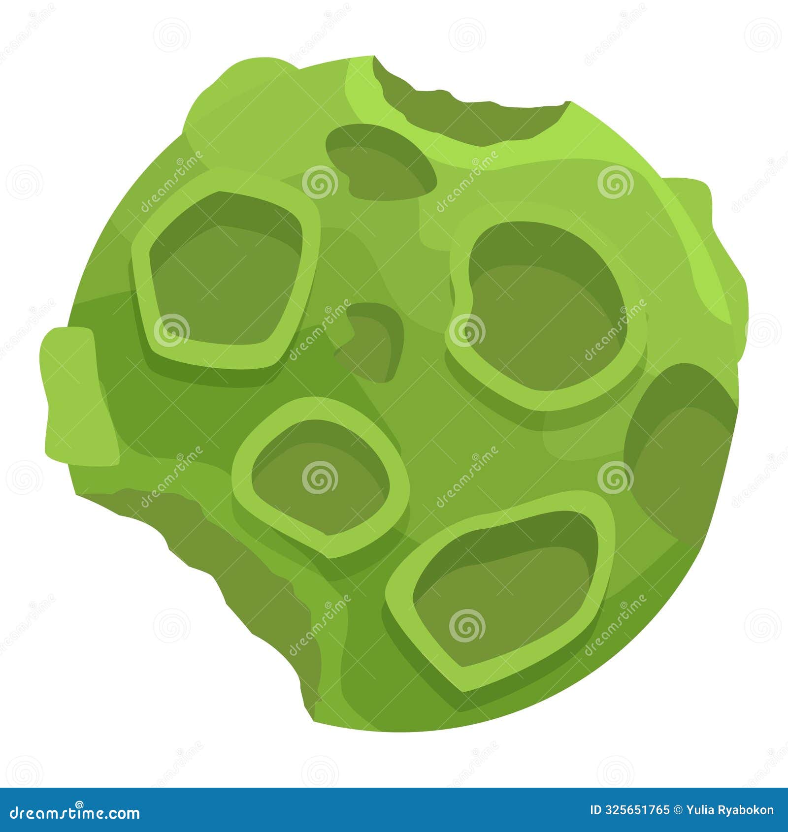Green Asteroid Floating In Open Space With Craters From Impacts Cartoon ...