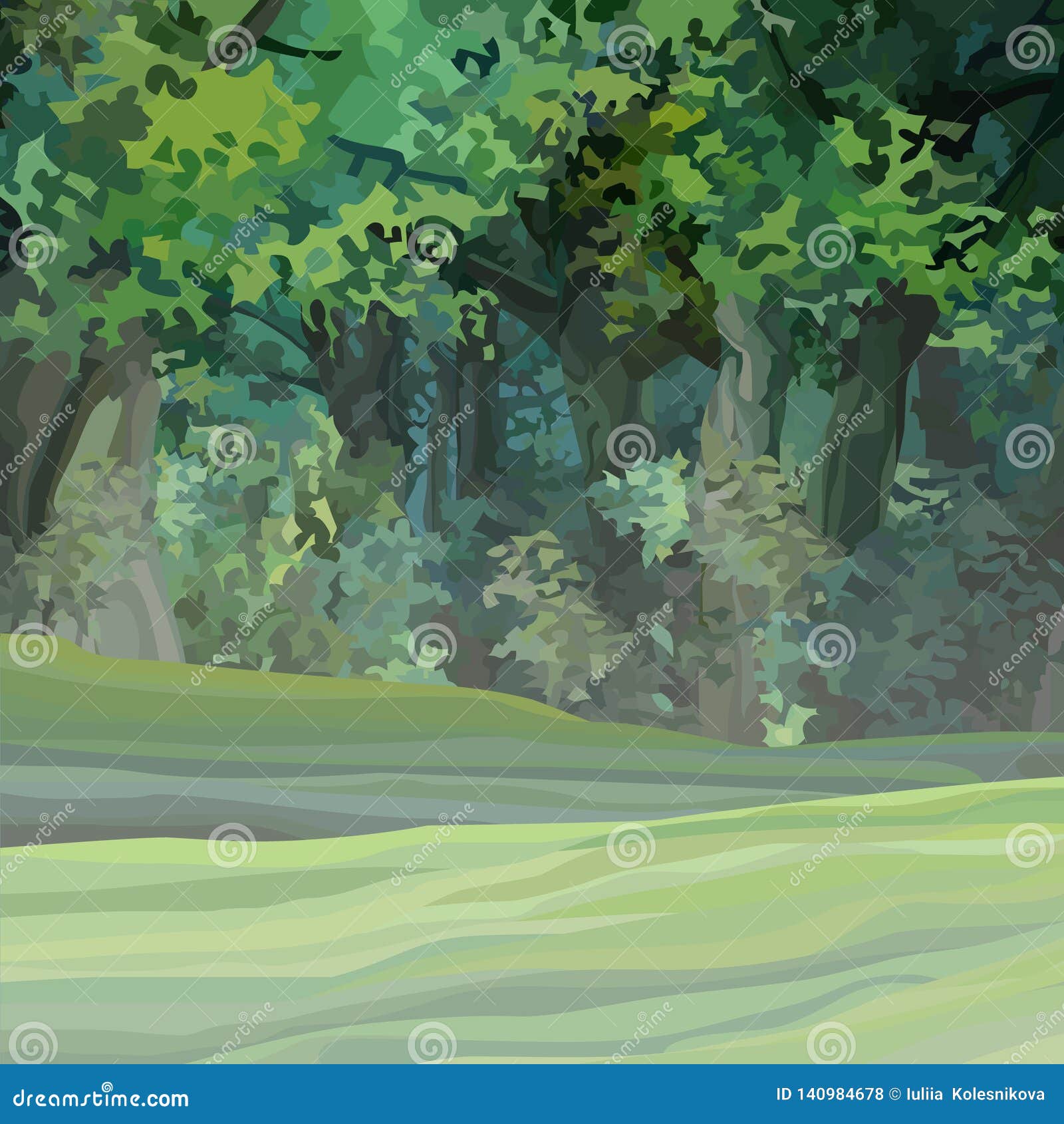 Cartoon Green Dense Summer Forest with Empty Green Glade Stock Vector ...