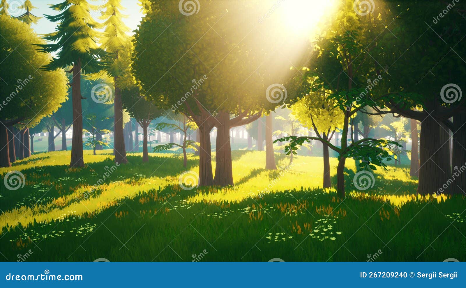 Cartoon Green Forest Landscape with Trees and Flowers Stock ...