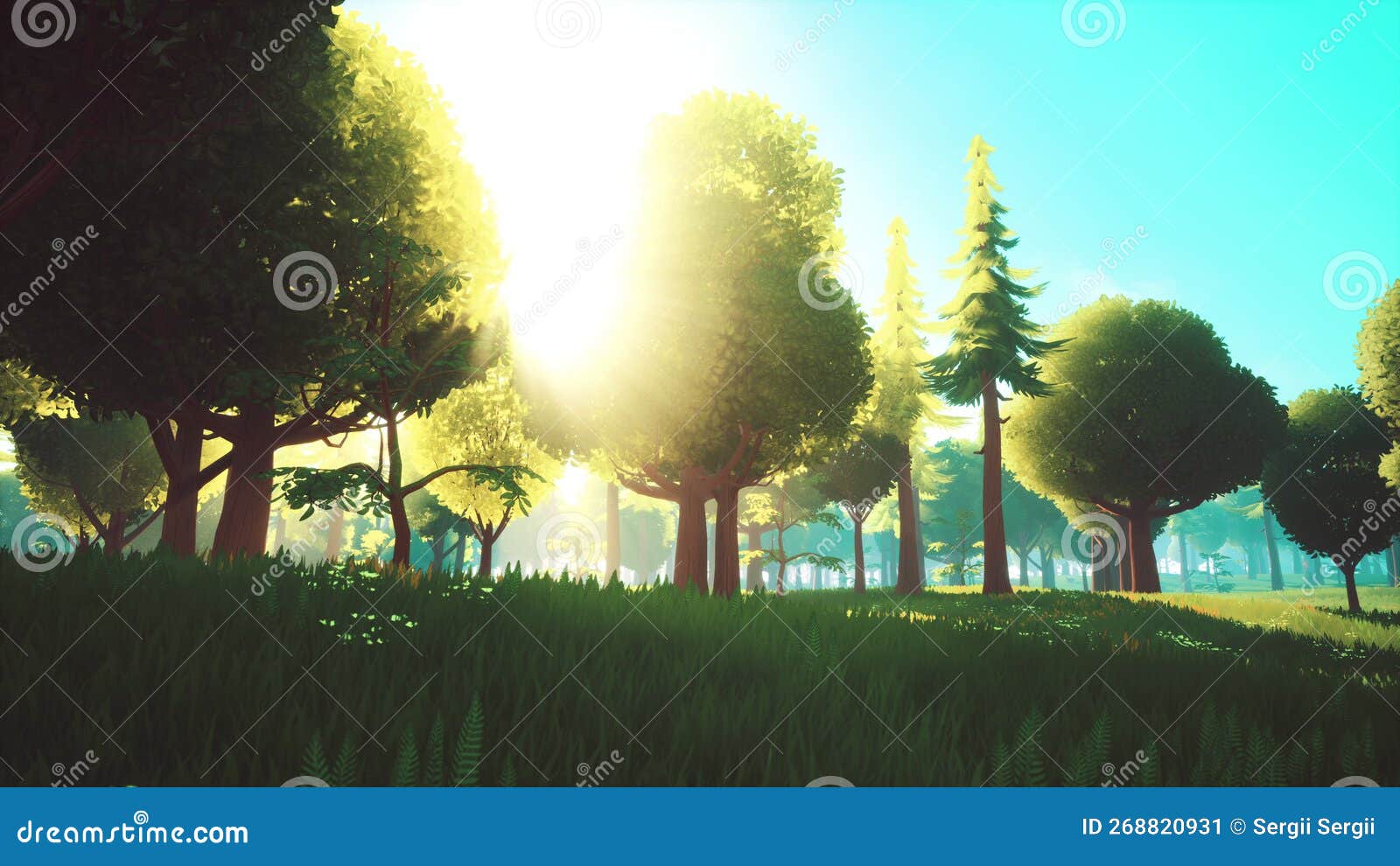 Cartoon Green Forest Landscape with Trees and Flowers Stock ...