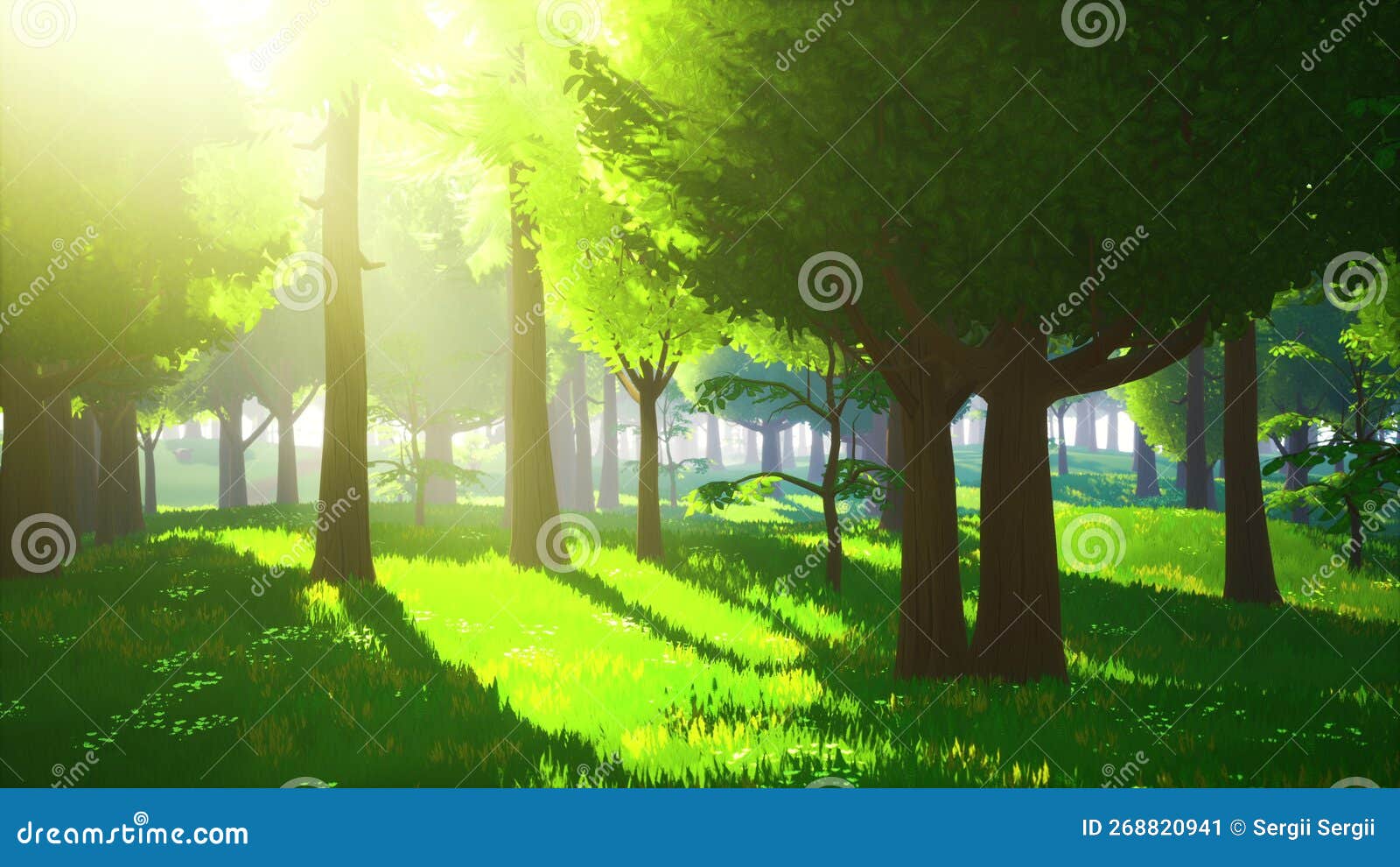 Cartoon Green Forest Landscape with Trees and Flowers Stock Image ...
