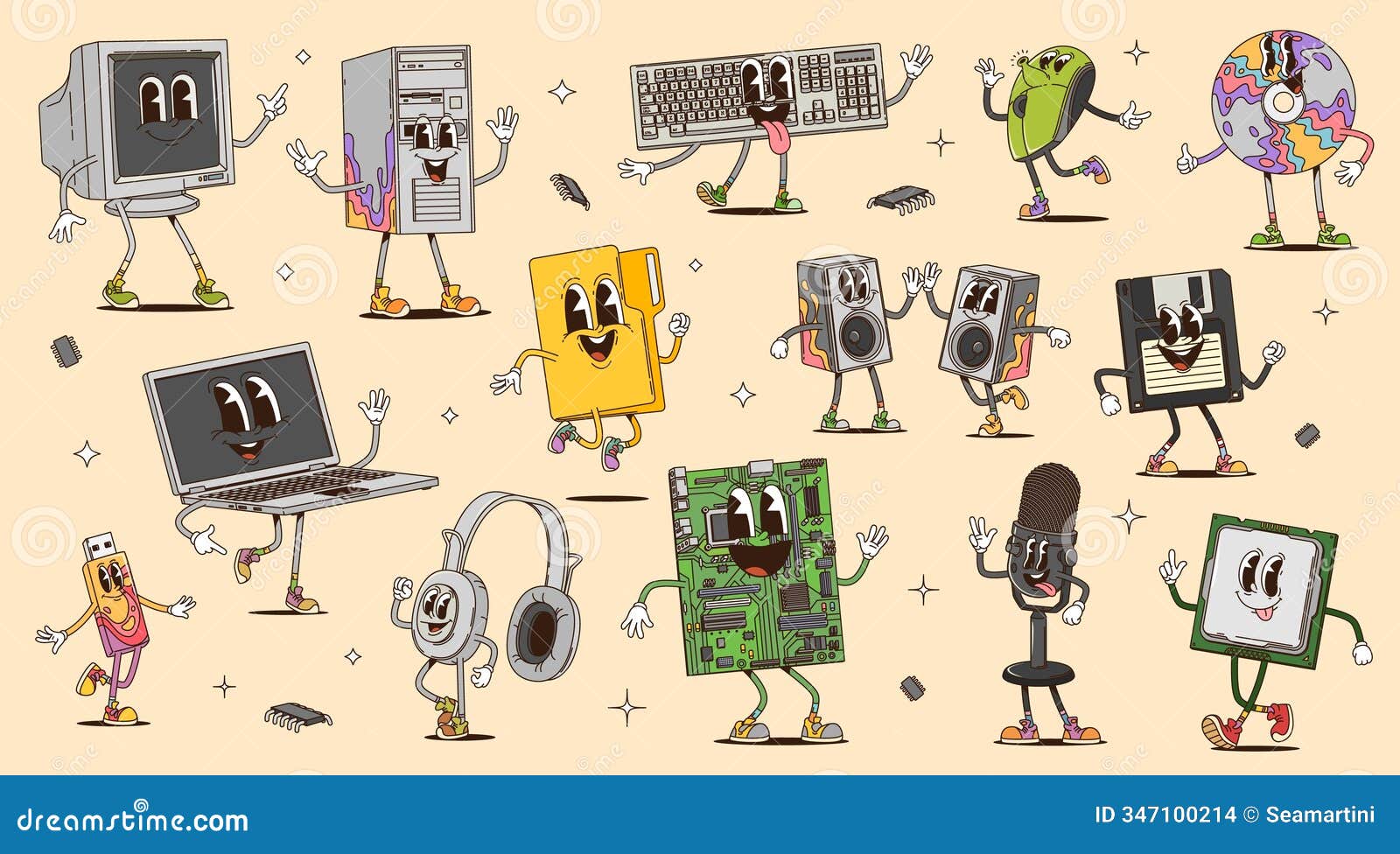 Cartoon Groovy Computer Devices, Retro Characters Stock Illustration ...