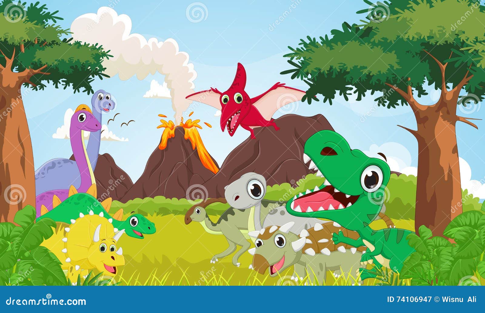 Cartoon Group Of Dinosaur With The Prehistoric Background ...