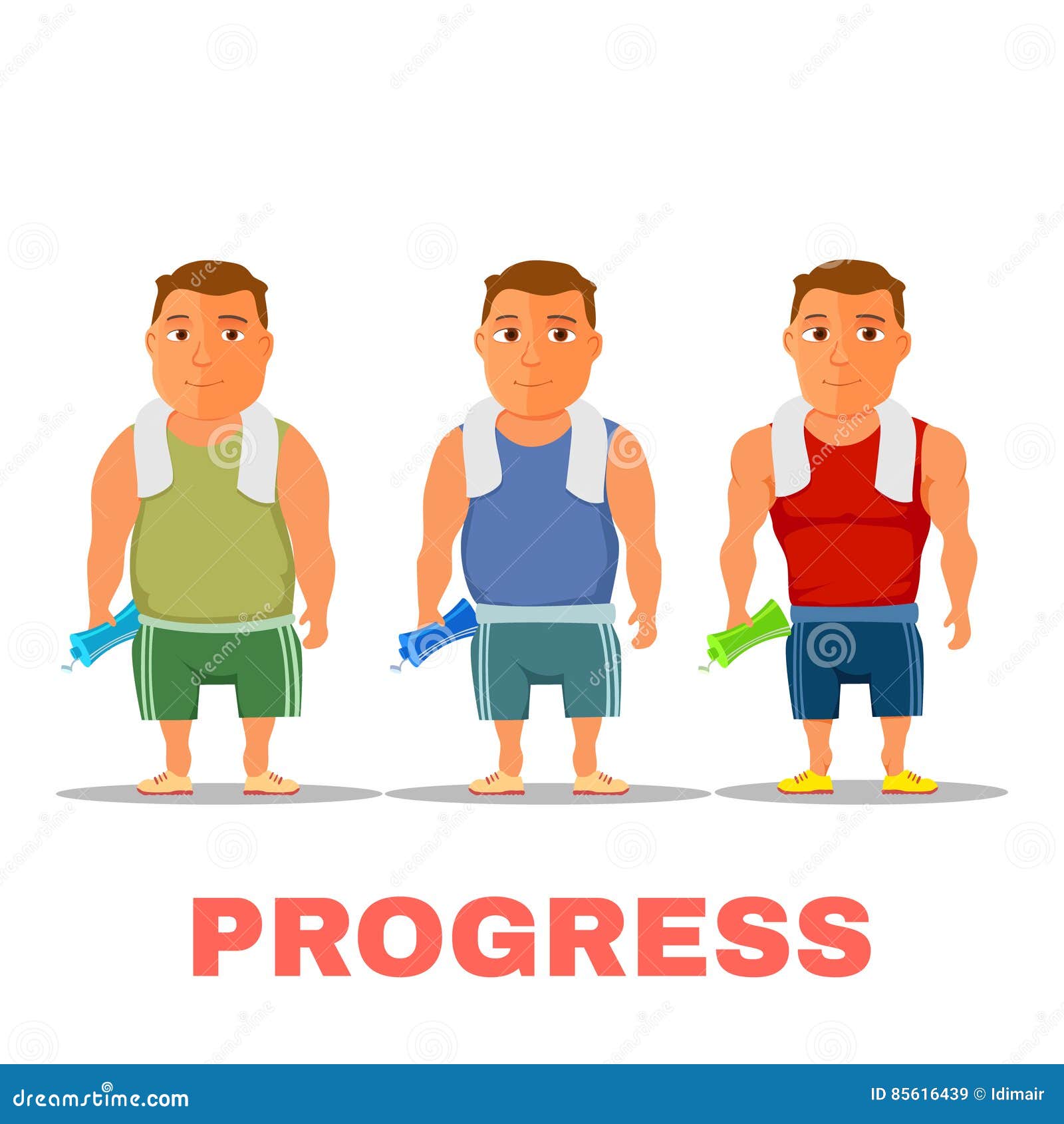 Cartoon Guy Fit Progress, after Work Out, with Towel and Water Bottle ...