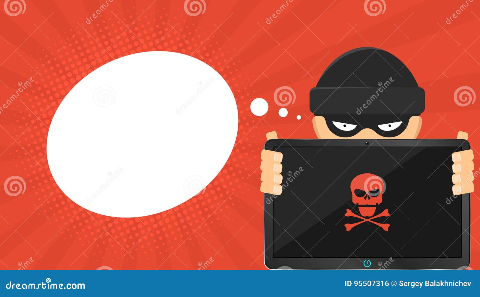 A Cartoon Hacker is Holding a Broken Tablet in His Hands. Empty Cloud ...