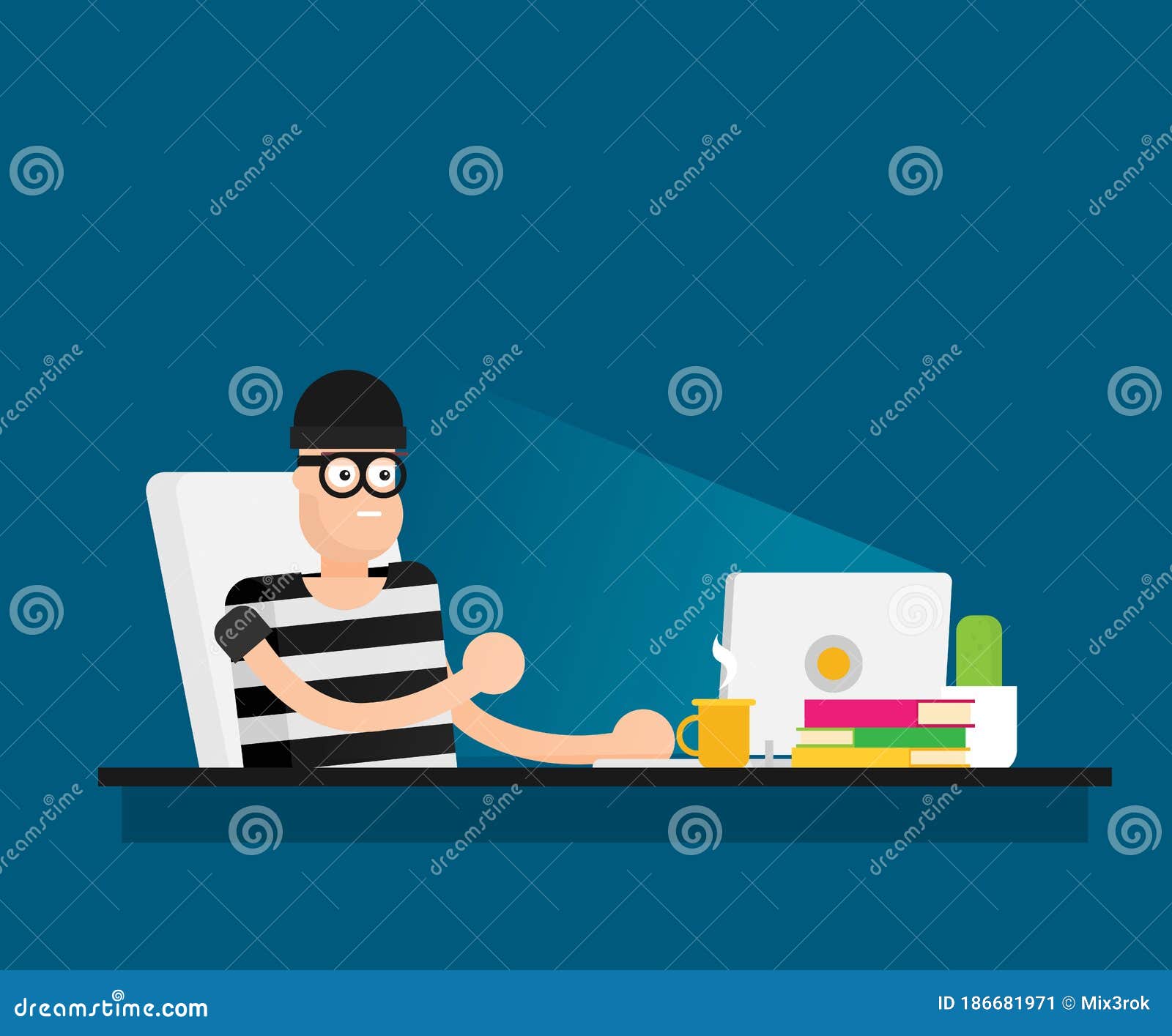 Cartoon Hacker with Laptop. Vector Illustration Stock Vector ...