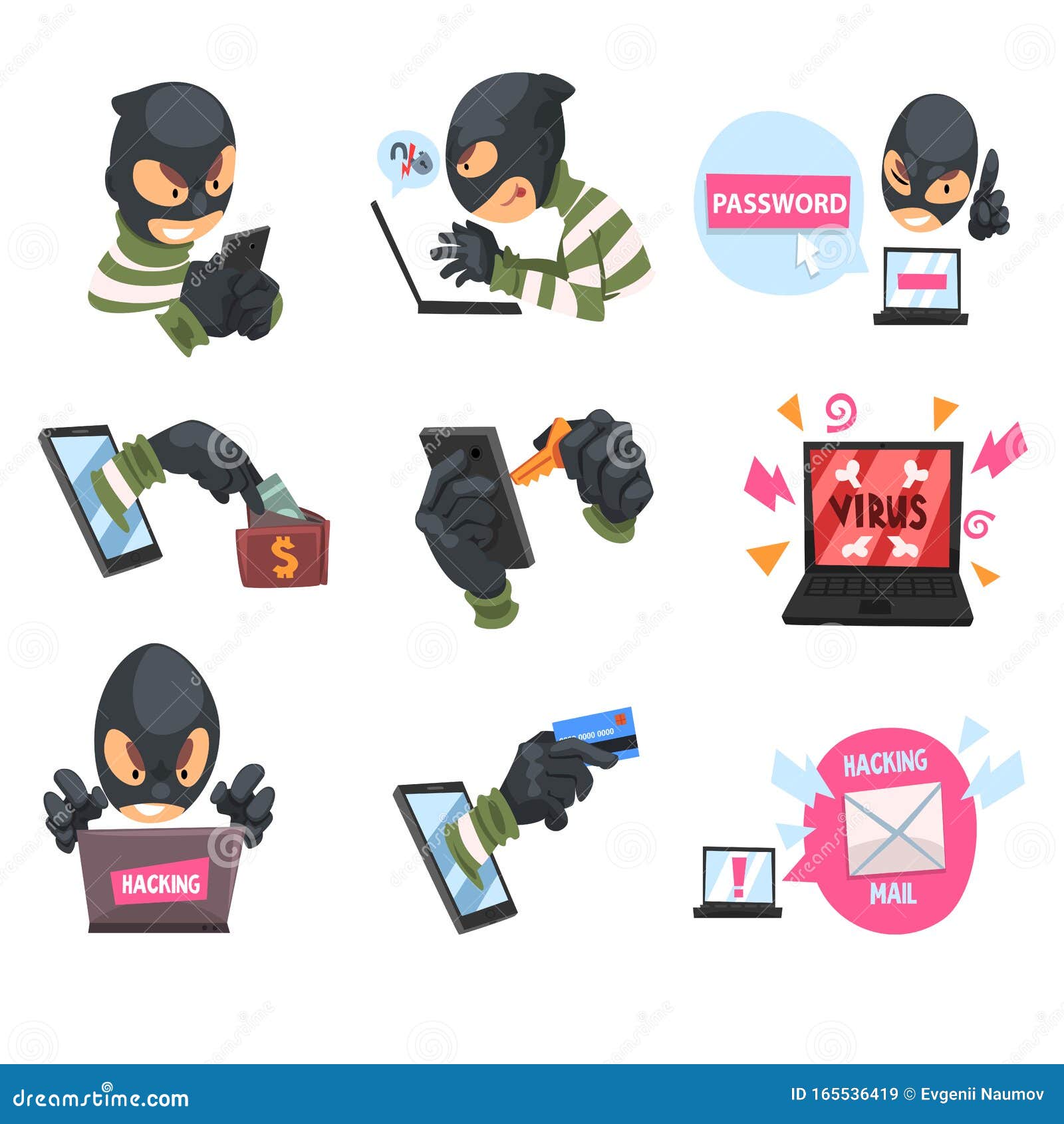 Cartoon Hackers Concept. Criminal Person In Black Clothes Stealing ...