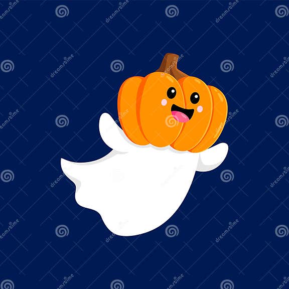Cartoon Halloween Kawaii Ghost With Pumpkin Mask Stock Vector