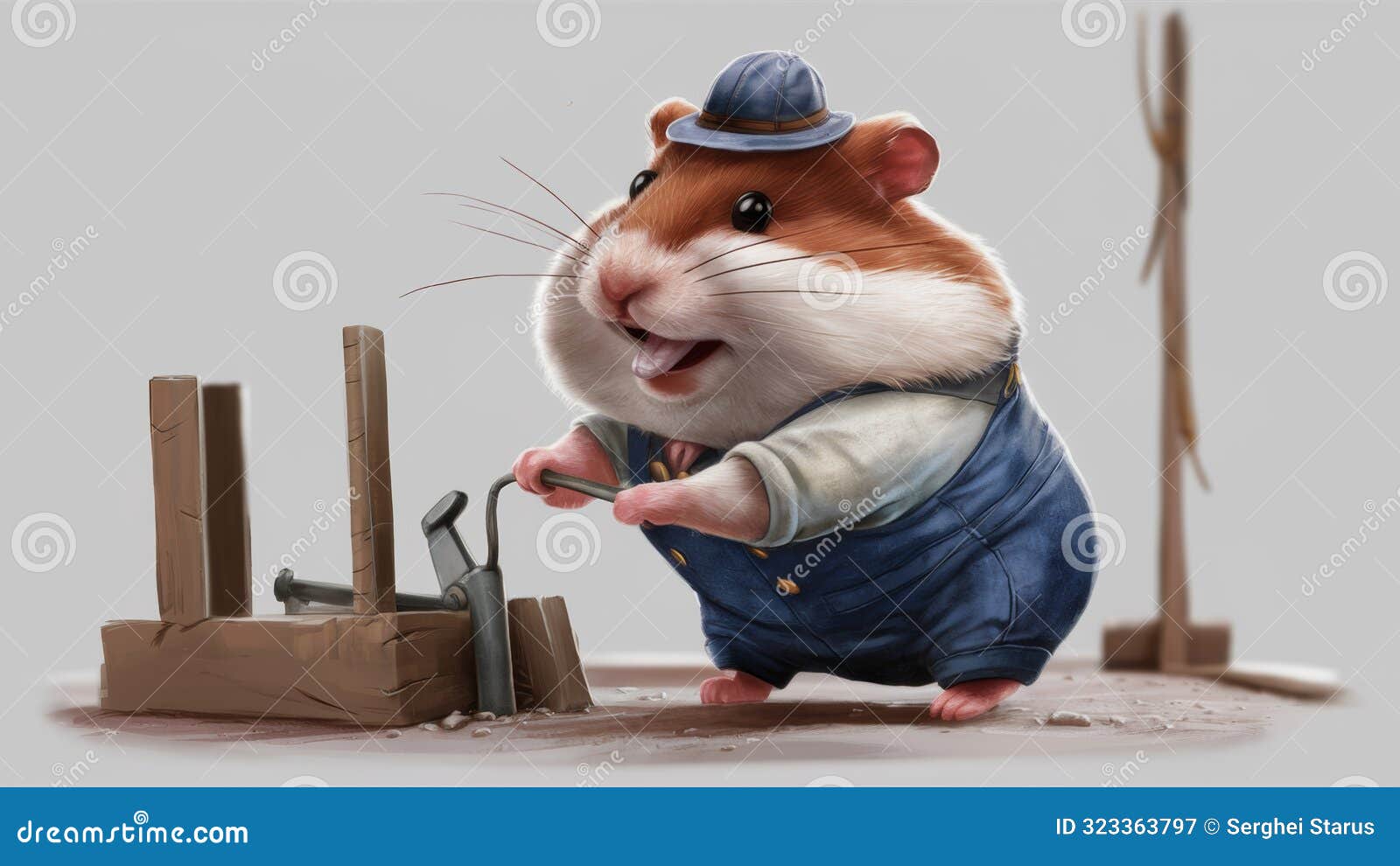 A Cartoon Hamster is Working on a Wooden Post with Hammer, AI Stock ...