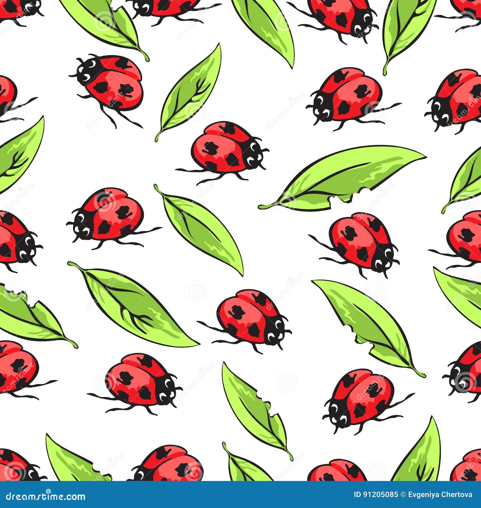 Cartoon Hand Drawing Beetle Ladybug and Leaves Seamless Pattern, Vector ...
