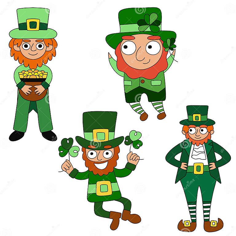Cartoon Hand Drawn Four Leprechauns White Isolated Set Stock Vector