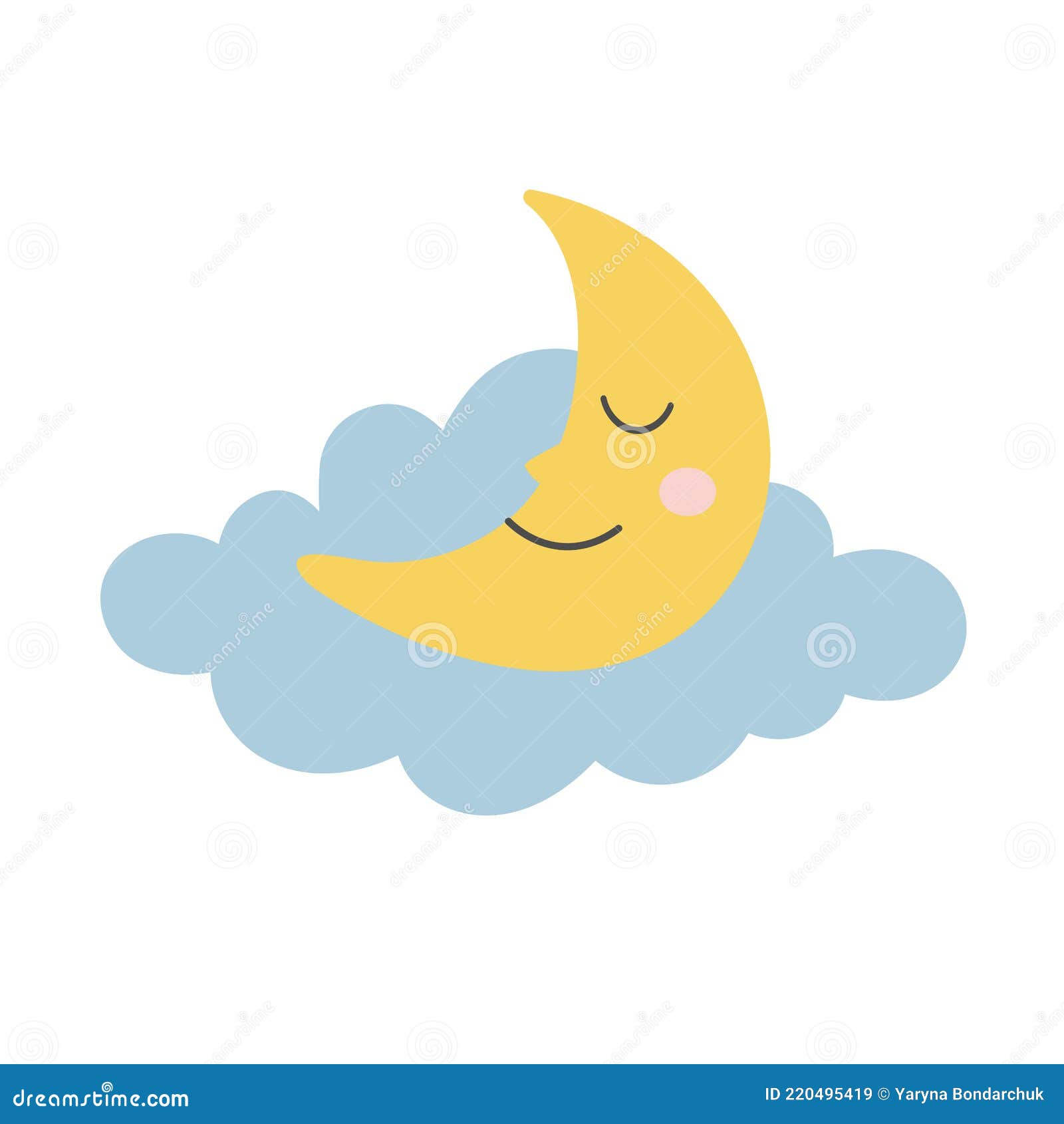 Cartoon Hand Drawn Funny Moon on the Cloud. Isolated Vector ...