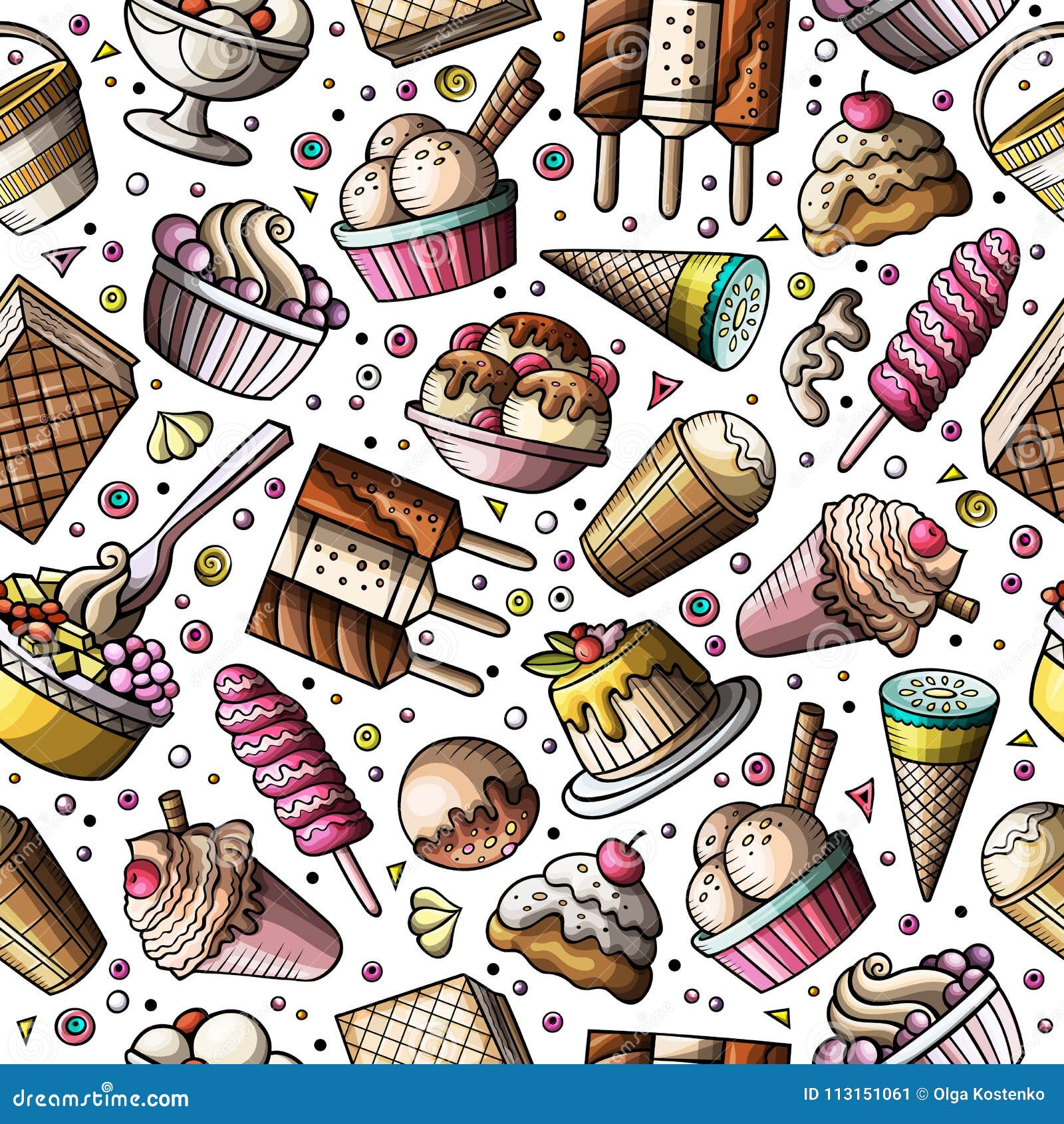 Cartoon Hand Drawn Ice Cream Doodles Seamless Pattern Stock Vector