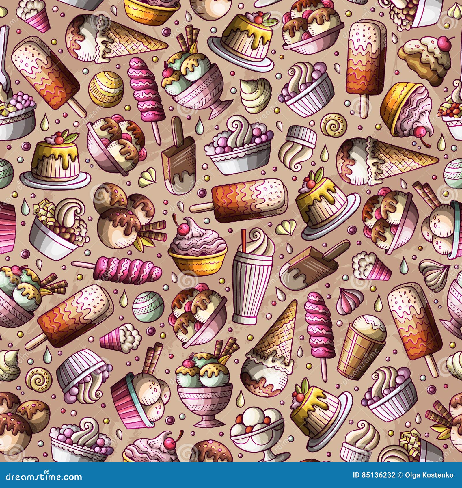 Cartoon Hand Drawn Ice Cream Doodles Seamless Pattern Stock