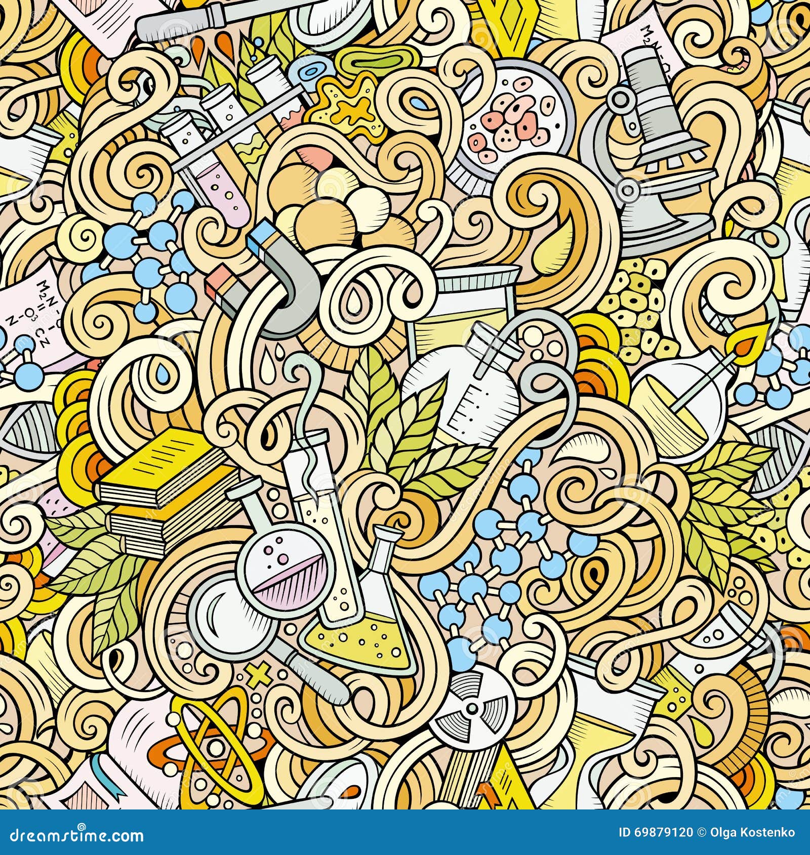 Cartoon Hand-drawn Science Doodles Seamless Pattern Stock Vector ...