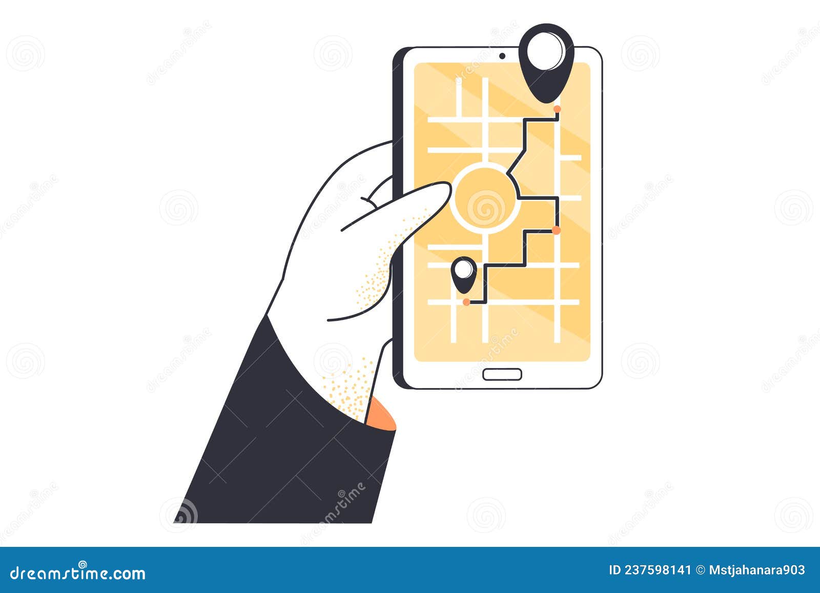 Cartoon Hand Holding Smartphone with GPS Navigator on Screen Stock ...