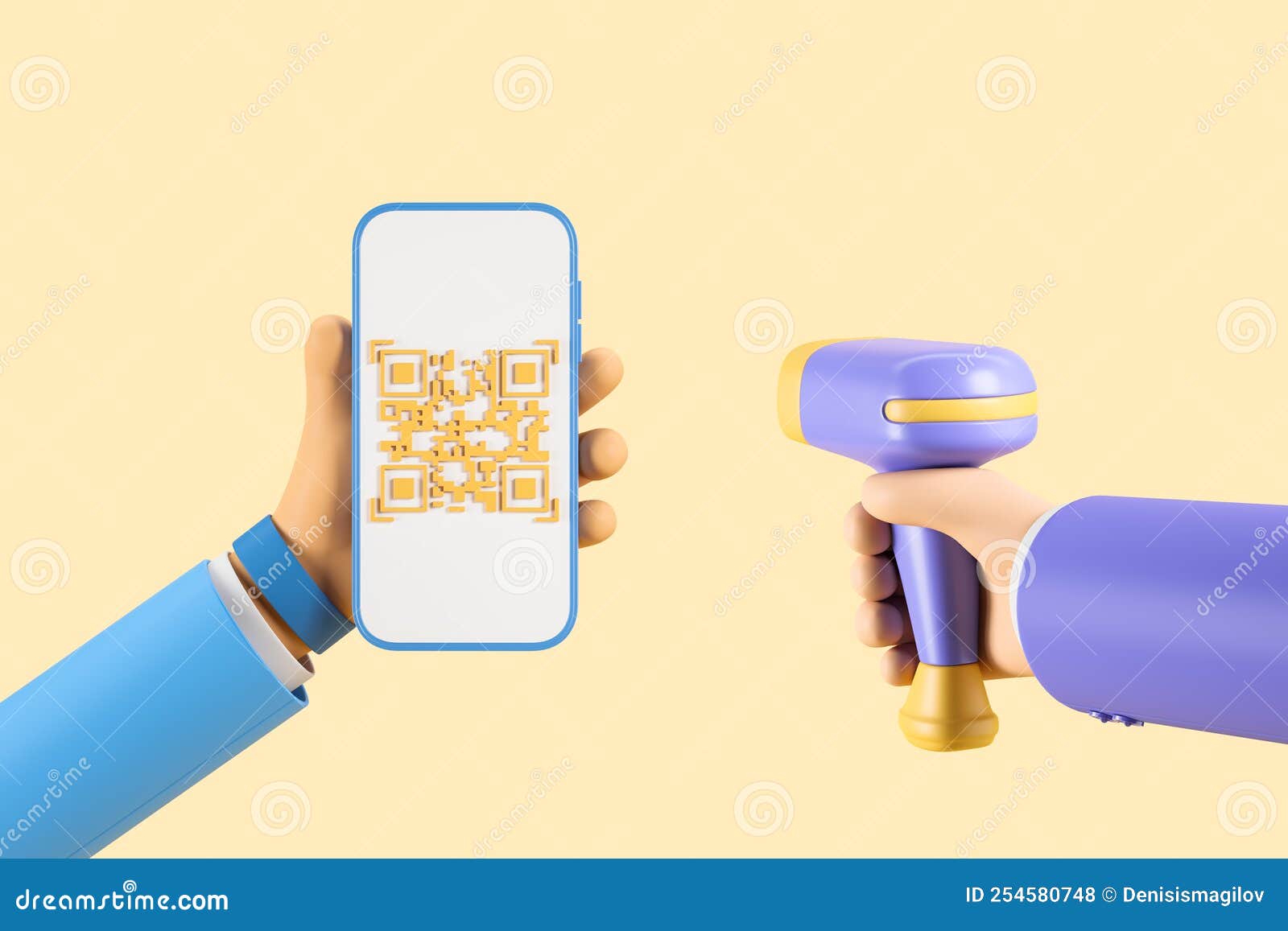Cartoon Hand with Laser Scanner and QR Code on Smartphone Mockup ...