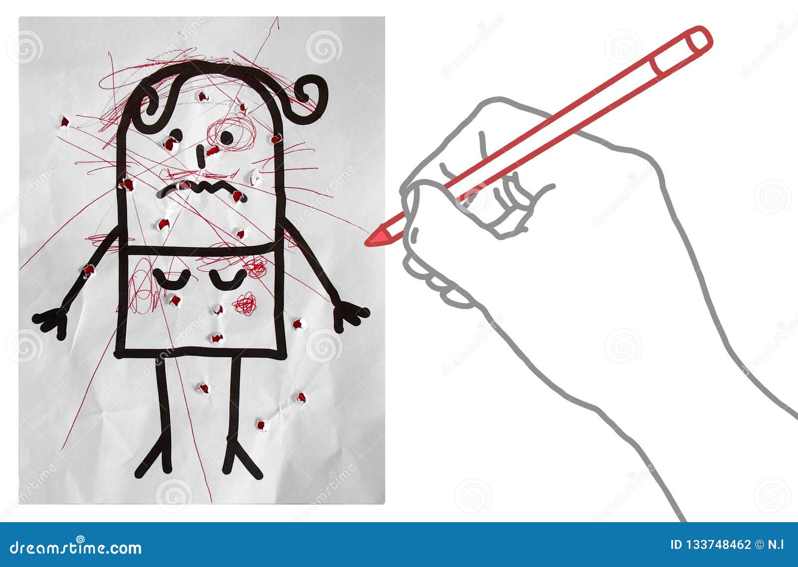 Cartoon Hand Making Scribbles on a Woman Portrait Stock Illustration ...