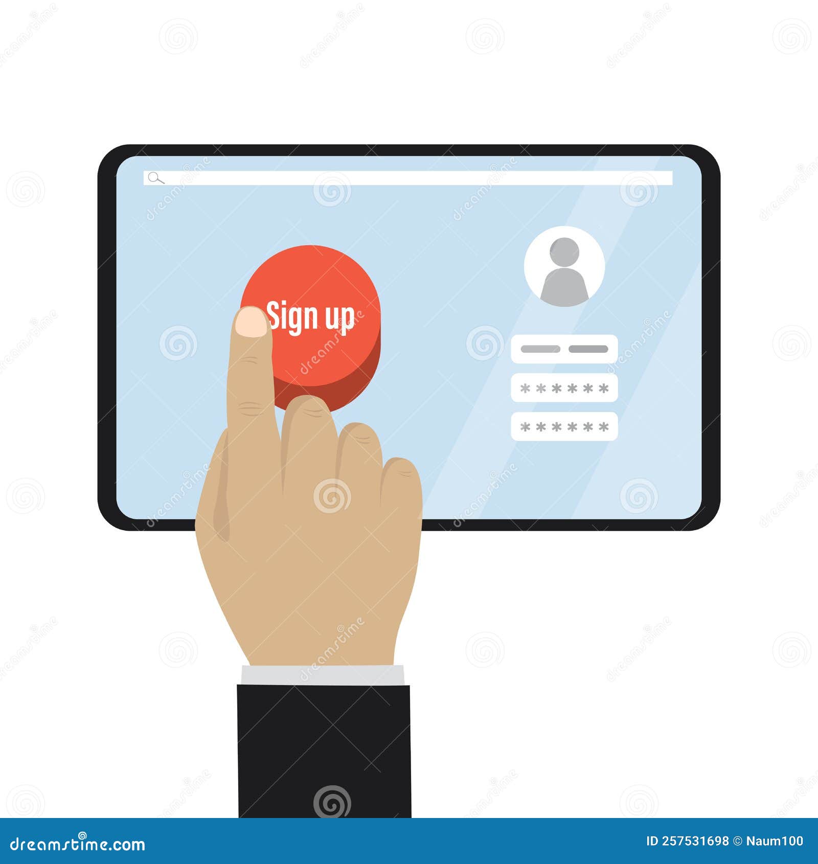 Cartoon Hand Touching Red Button on Screen. Tablet Computer with Online ...