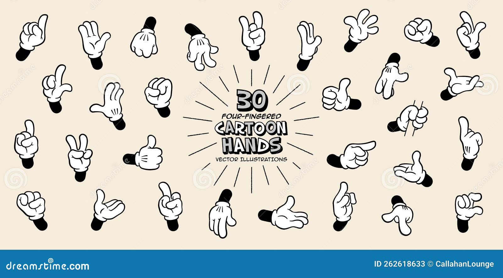 Set of Thirty Different Retro Four-Fingered Cartoon Hands. Stock Vector ...