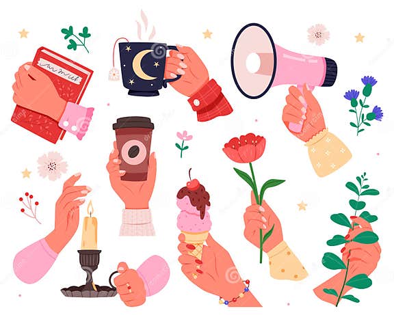 Cartoon Hands Holding Objects Collection Stock Illustration ...