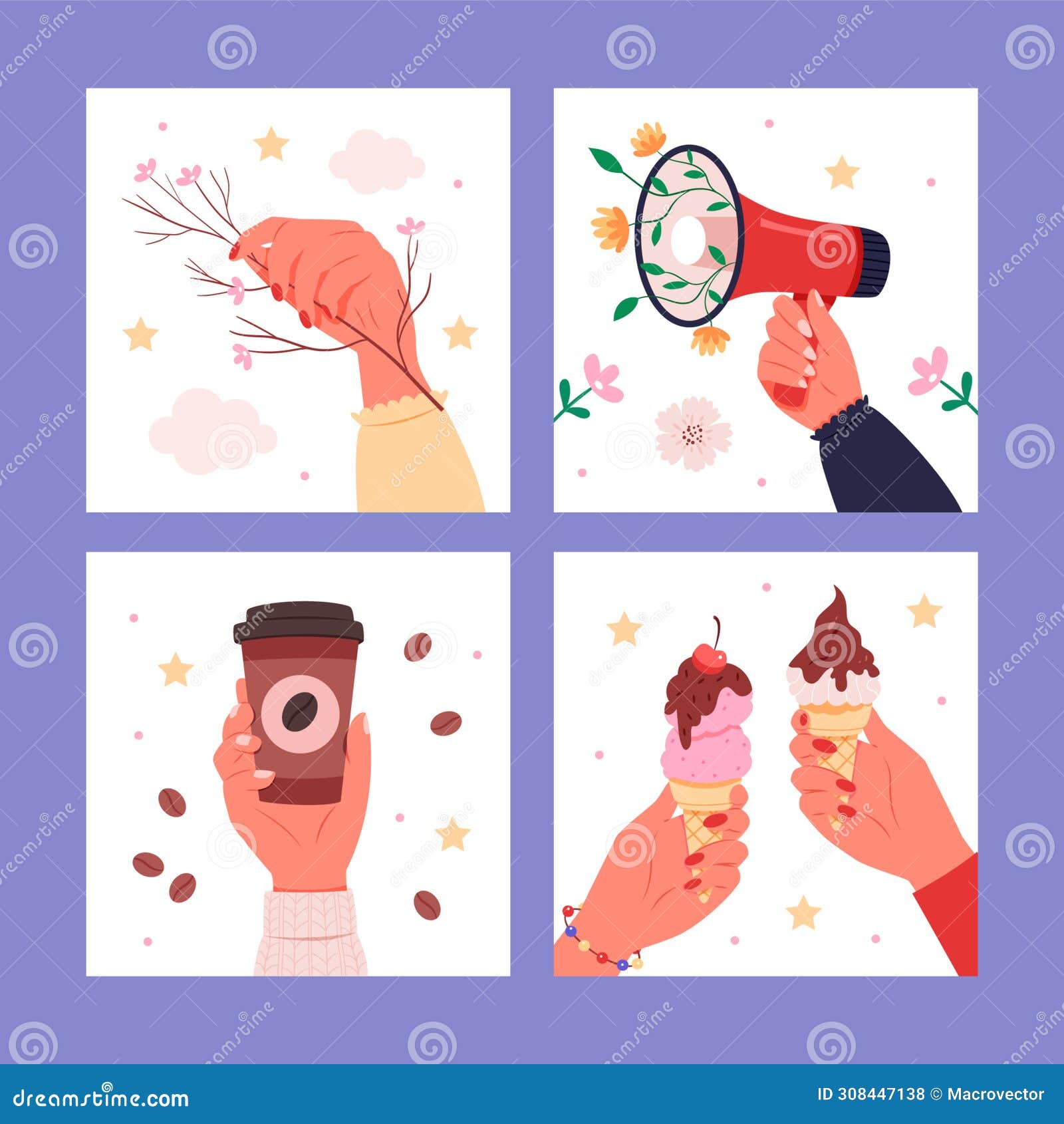 Cartoon Hands Holding Objects Compositions Stock Illustration ...